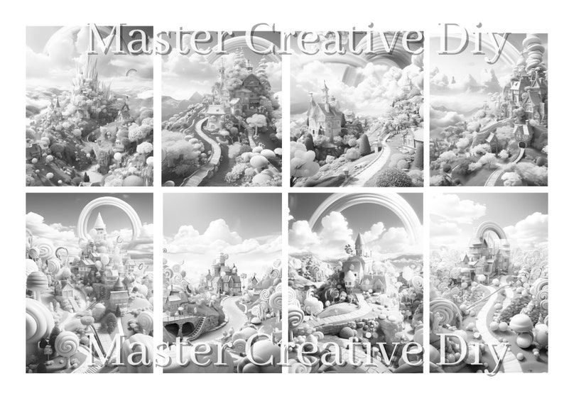 30 Fairy Candy Landscape Coloring Pages for Adults, Grayscale Coloring ...