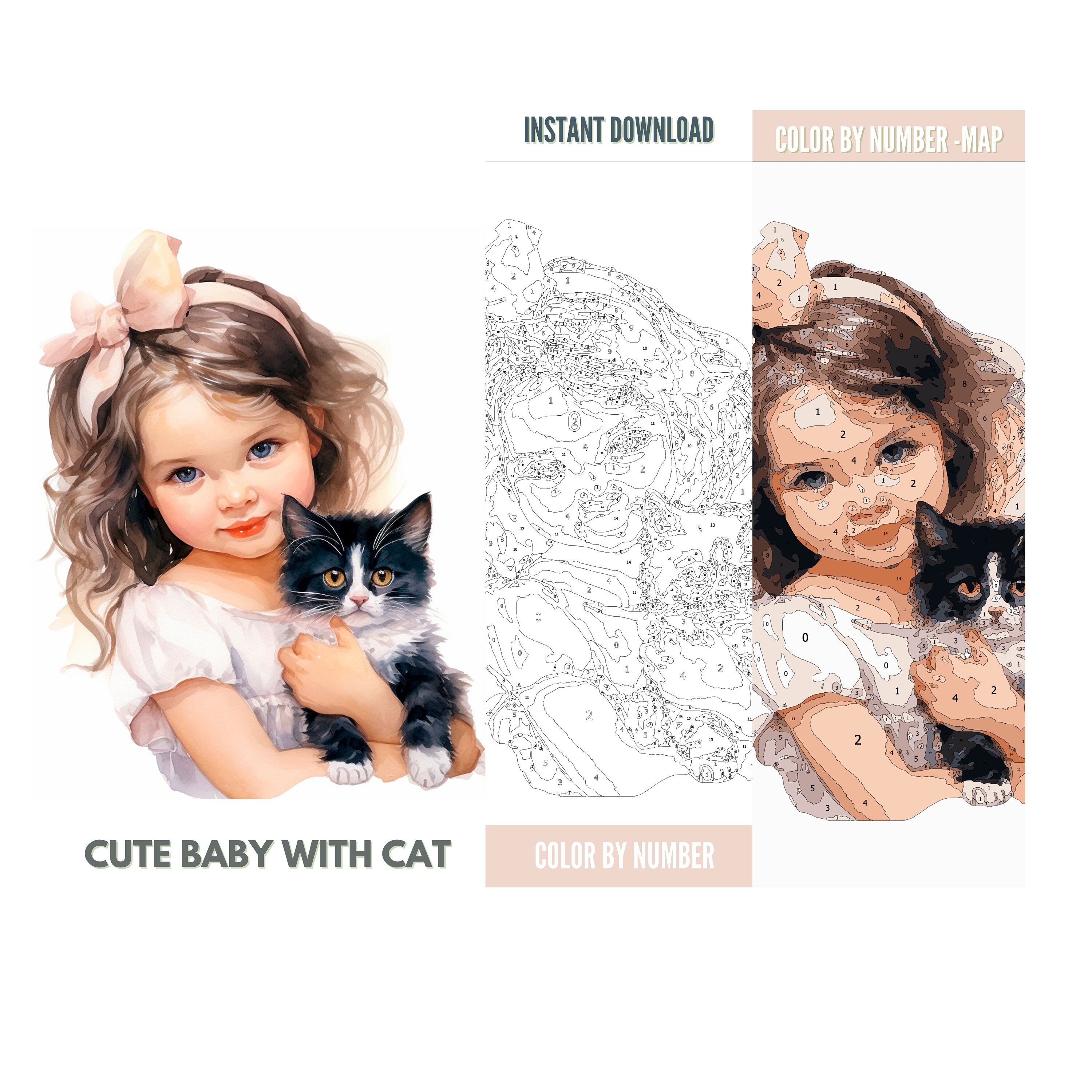 Color by Number for Adultcute Baby With Cat Paint by Number - Etsy