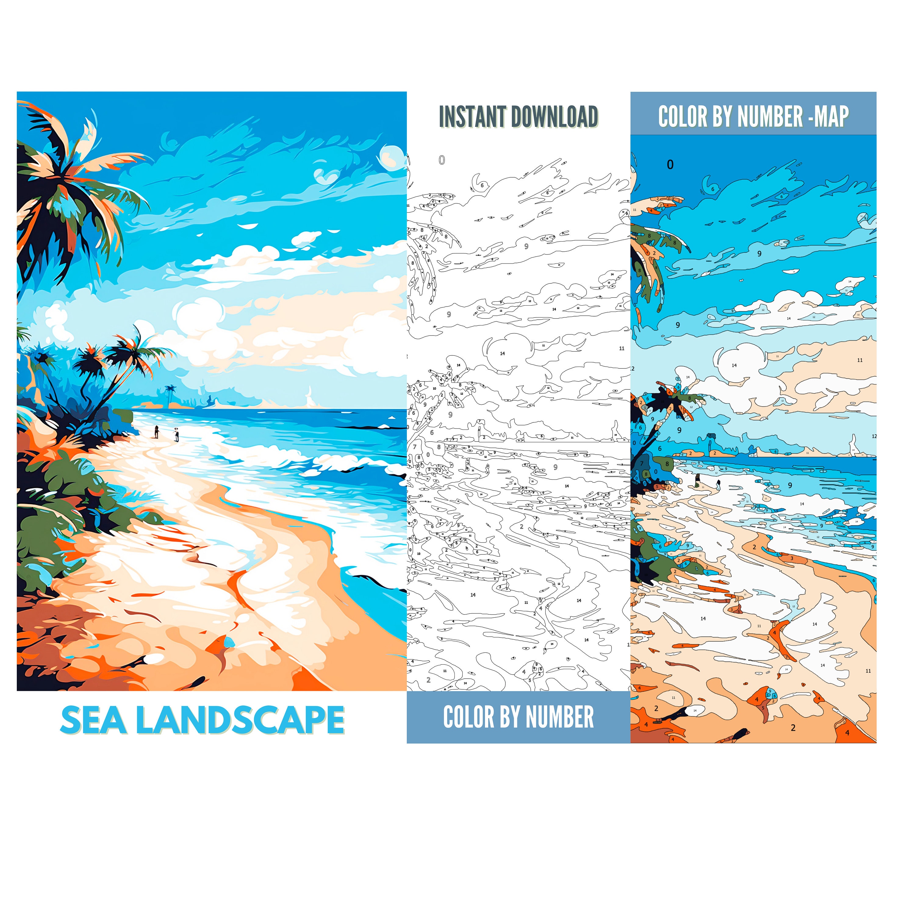 Color by Number for Adult, Paint by Number Printable,5 Sea Landscape ...