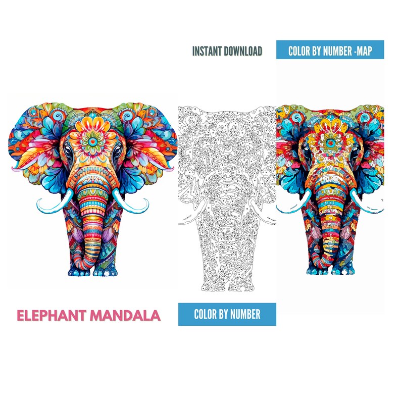 Color by Number for Adult, Paint by Number Printable,5 Mandala Elephant ...