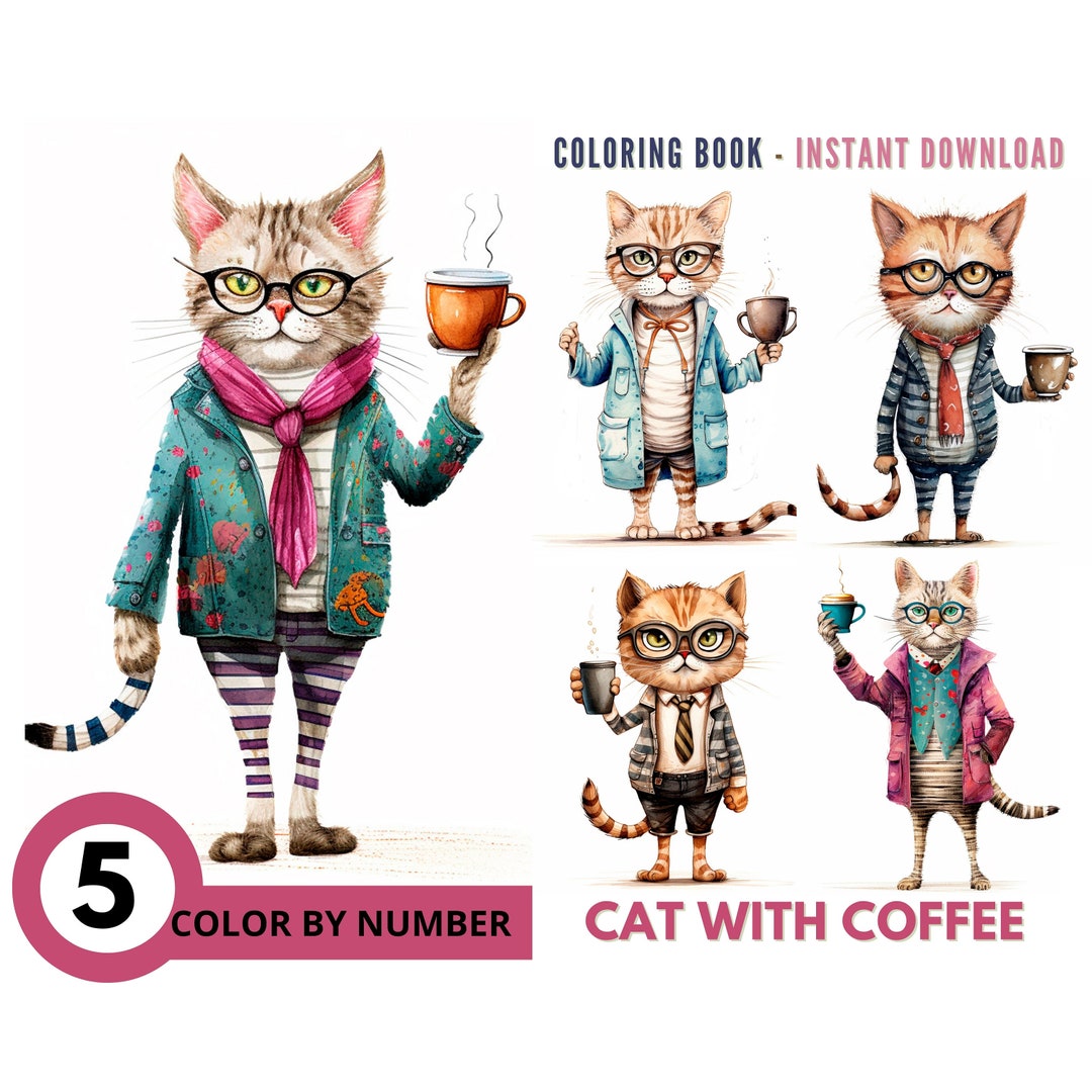 Color by Number for Adult, Paint by Number Printable,5 Cat and Coffee ...
