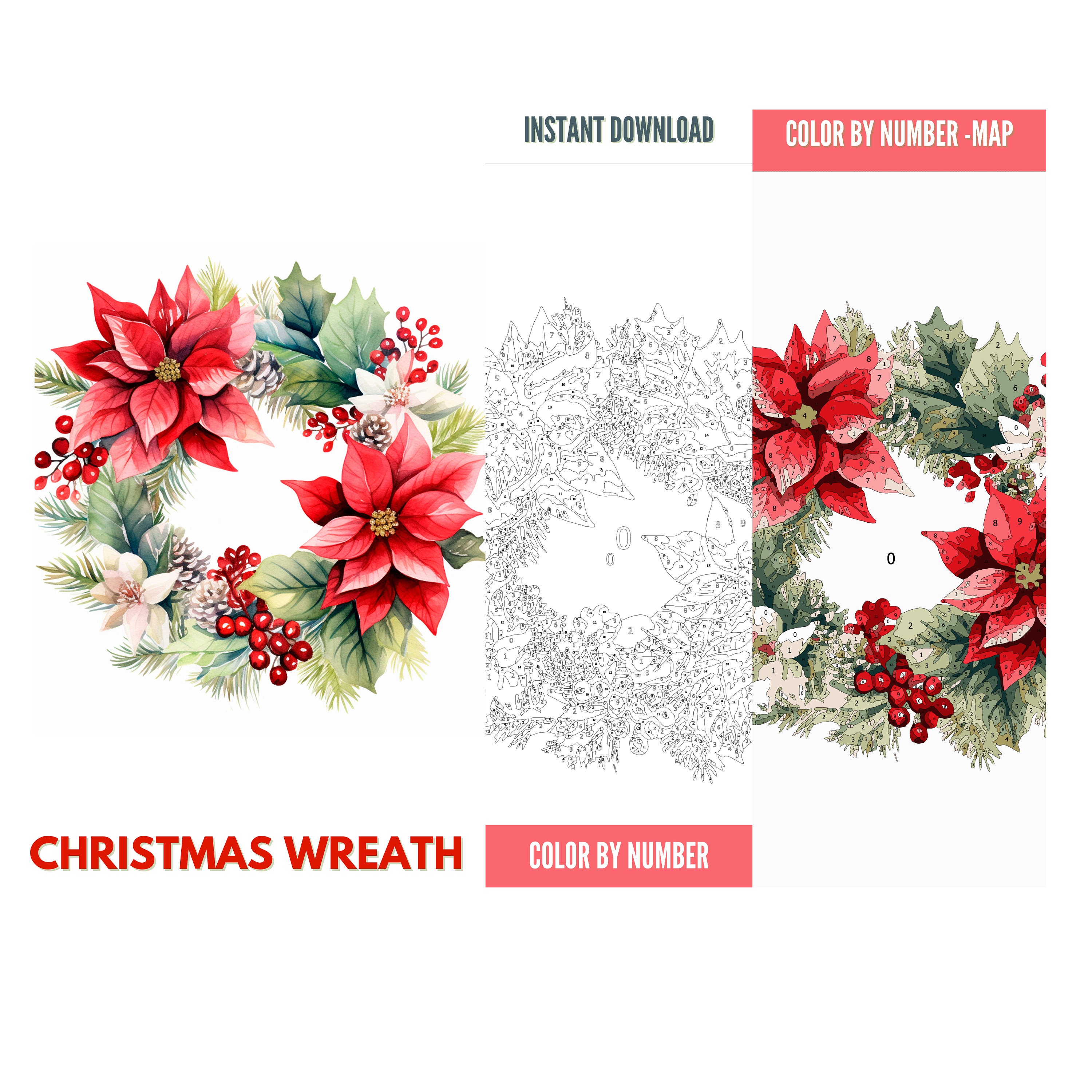Color by Number for Adult, Paint by Number Printable, Christmas Wreath ...