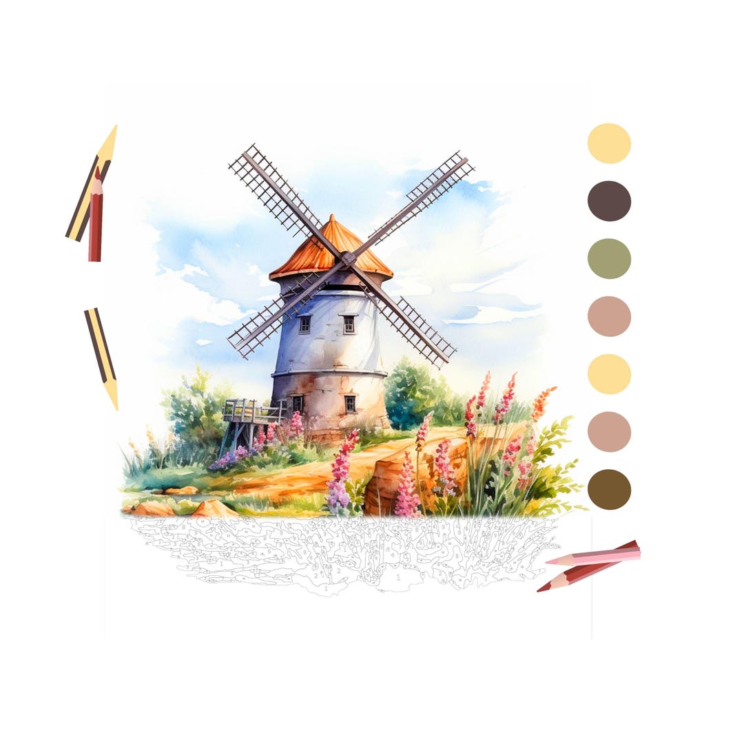 Provence Windmills Color by Number for Adult for Procreate , Paint by ...