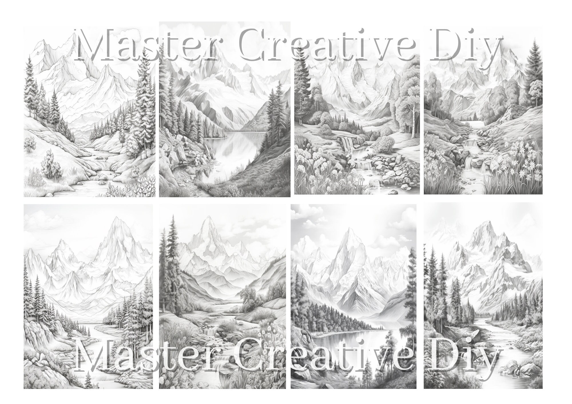 30 Mountain Landscape Coloring Book, Printable Coloring Page for Adult ...