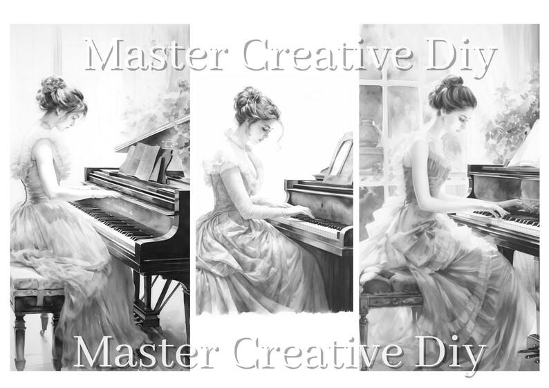 30 Woman Playing Piano, Coloring Pages for Adults,grayscale Coloring ...