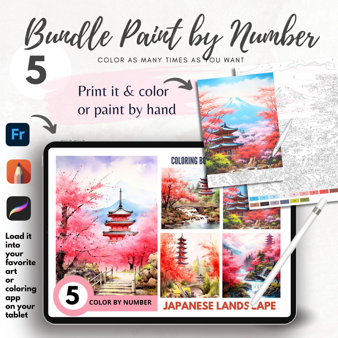 Japanese Landscape Color by Number Bundle, Printable Pages for ...