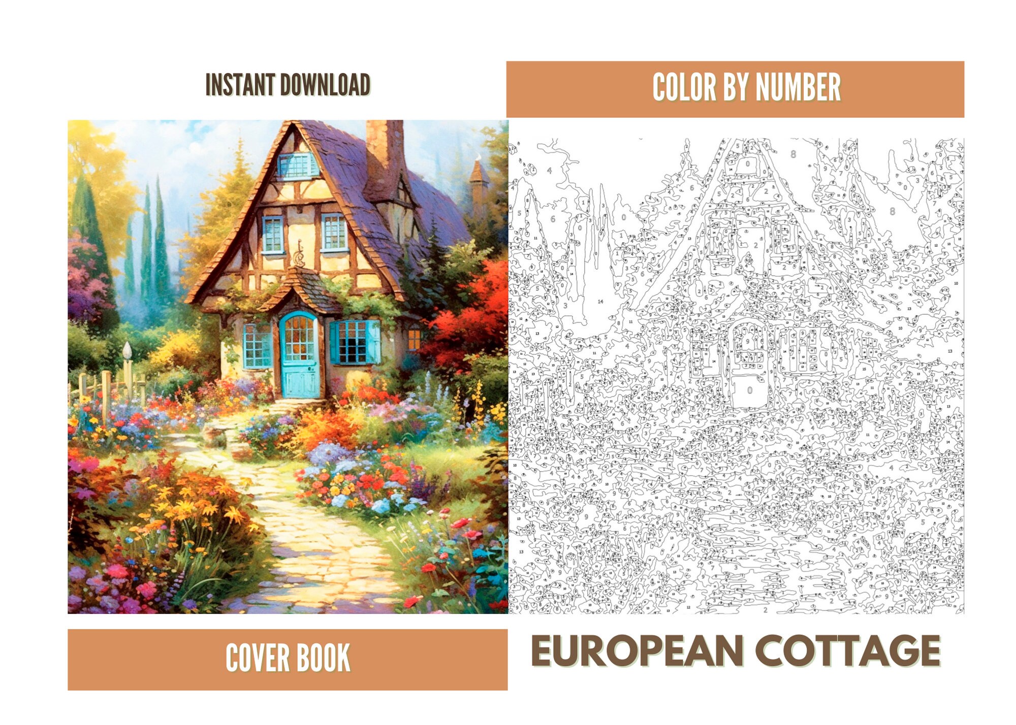 5 European Cottage Color by Number for Adult, Paint by Number Printable ...