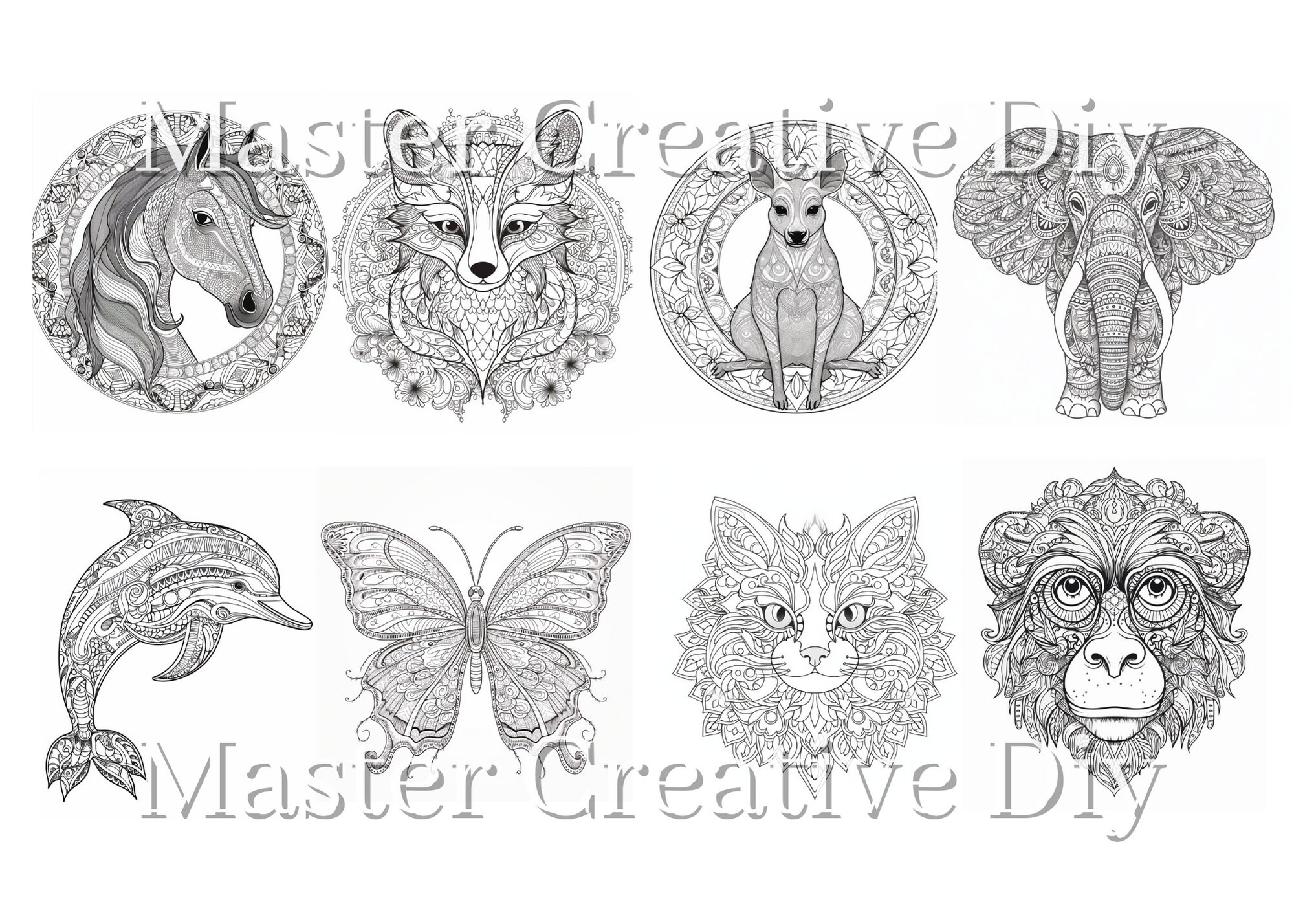 30 Mandala Animal Coloring Pages for Adults, Grayscale Coloring Book ...