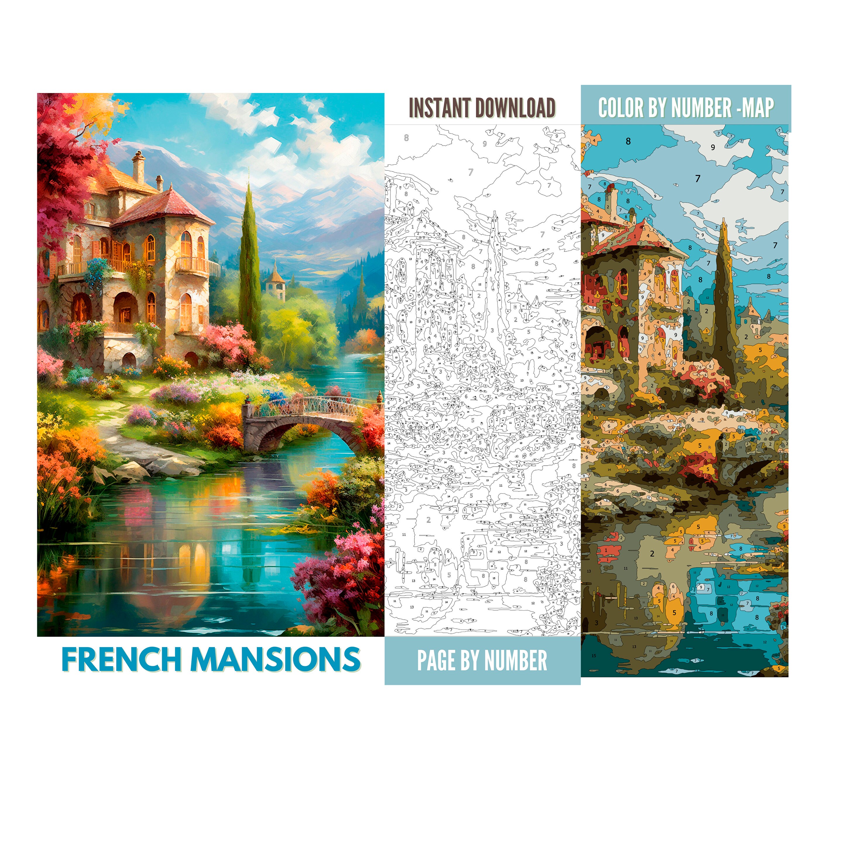 5 French Mansion Color by Number for Adult, Paint by Number Printable ...