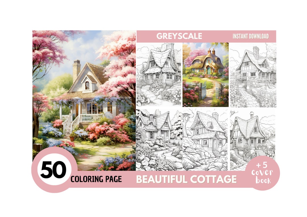 50 Beautiful Cottage Coloring Book - Adults Coloring Pages, Instant ...