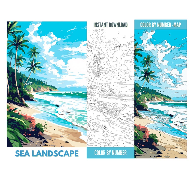 Color by Number for Adult, Paint by Number Printable,5 Sea Landscape ...