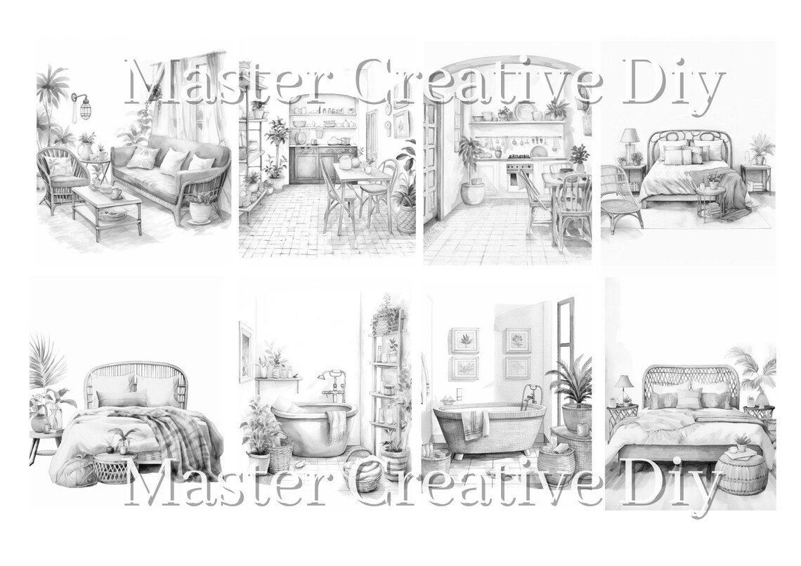 35 Boho Interior Design Coloring Pages for Adultsgrayscale - Etsy