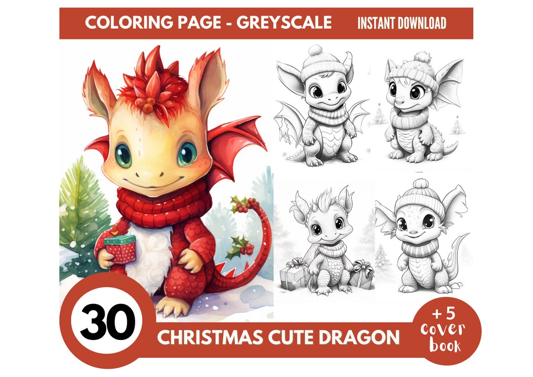30 Christmas Cute Dragon Coloring Book, Printable Coloring Page for ...