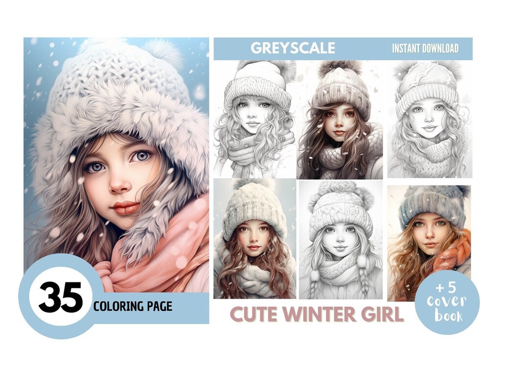 35 Beautiful Winter Girl Coloring Pages for Adultsgrayscale - Etsy