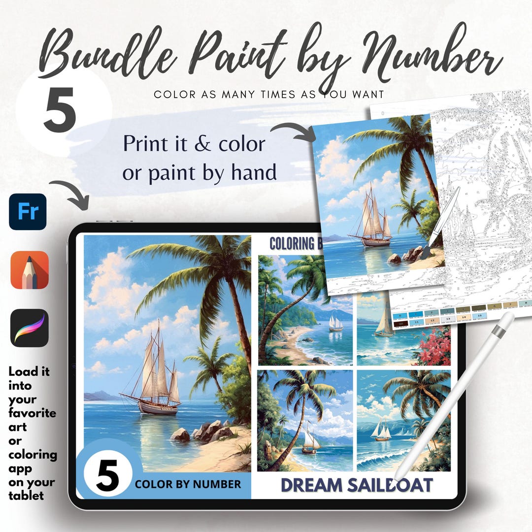 Bundle 5 Dream Sailboat Color by Number for Adult, Paint by Number ...