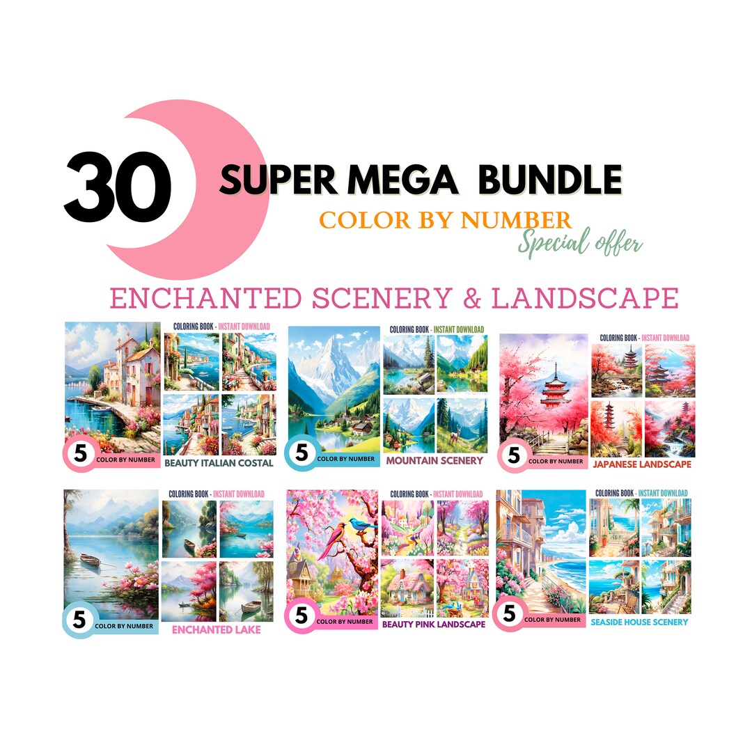 Bundle 30 Color by Number for Adult, Paint by Number Printable ...