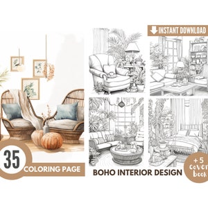 35 Boho Interior Design Coloring Pages for Adults,grayscale Coloring ...
