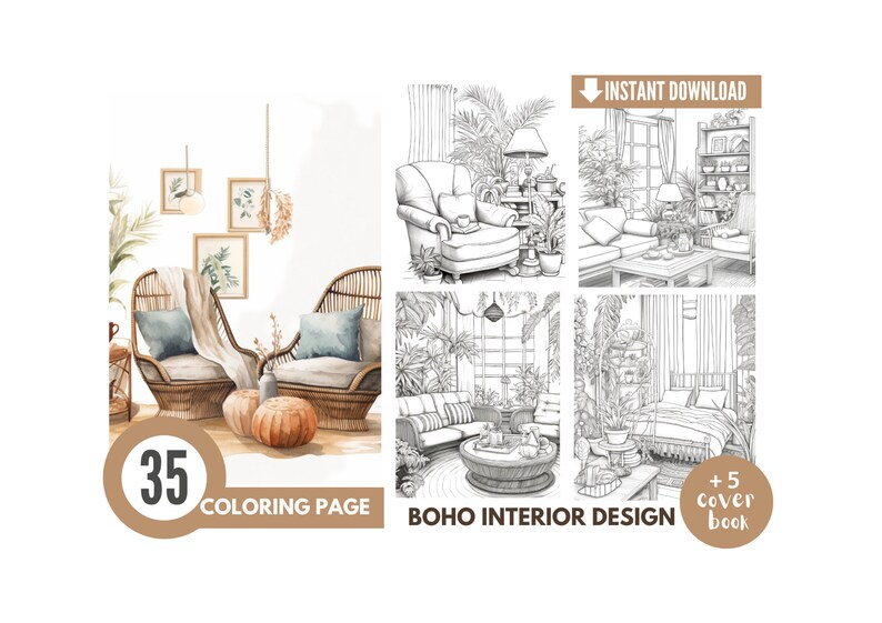 35 Boho Interior Design Coloring Pages for Adultsgrayscale - Etsy