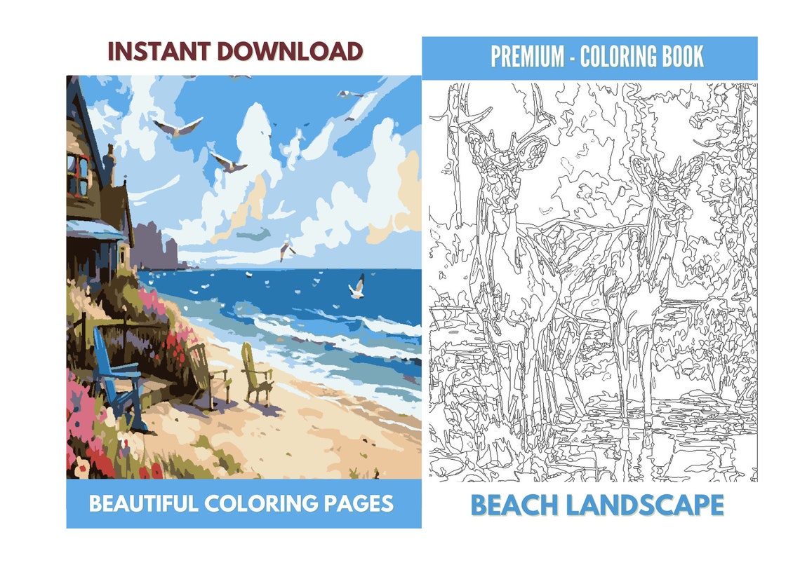 Beach Landscape Coloring Pages for Adults, Grayscale Coloring Book ...