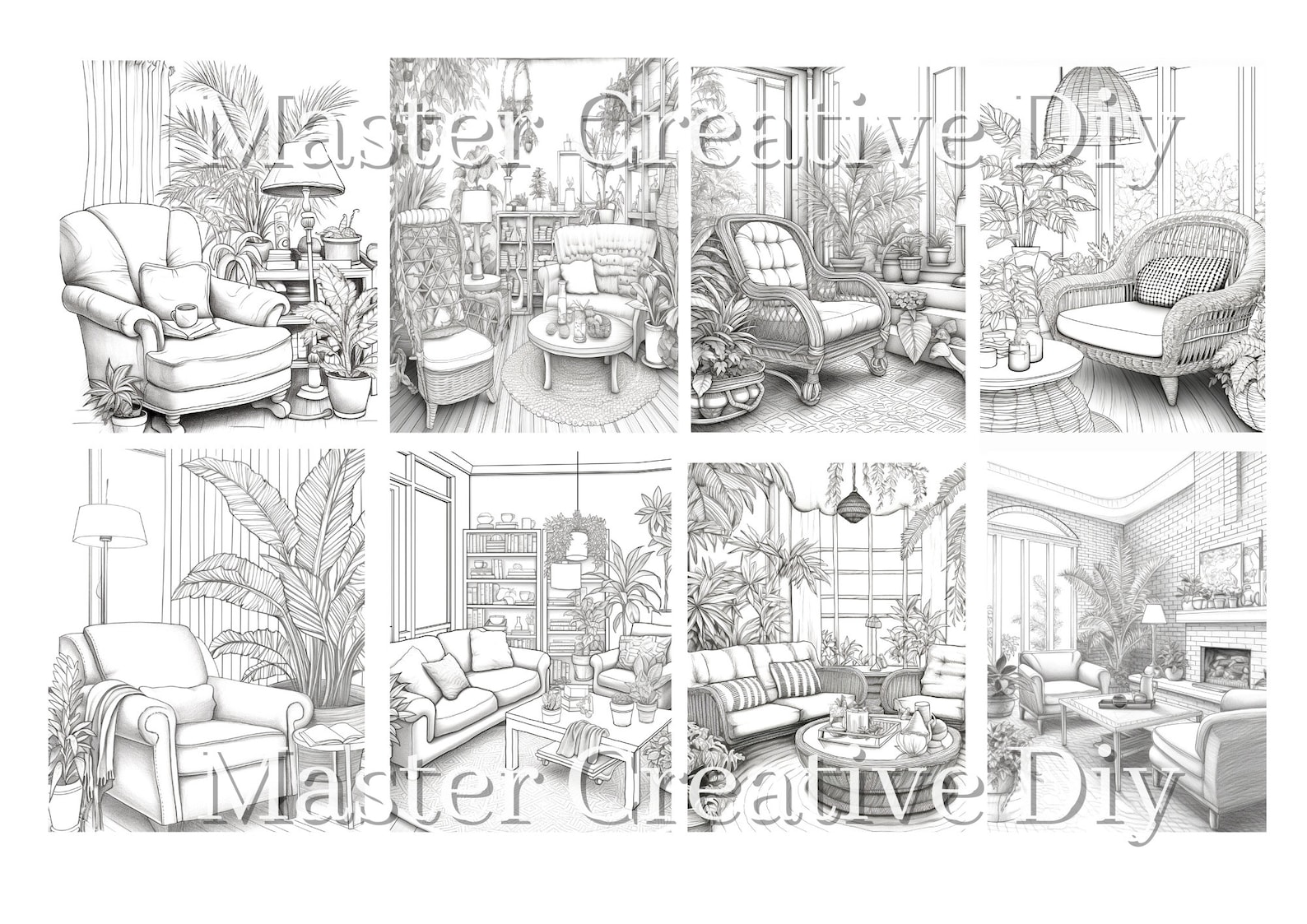 35 Boho Interior Design Coloring Pages for Adults,grayscale Coloring ...
