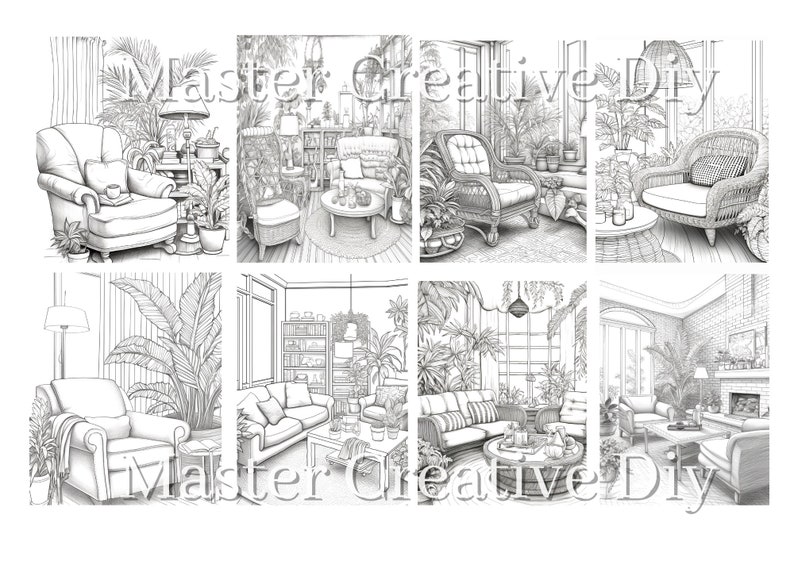 35 Boho Interior Design Coloring Pages for Adultsgrayscale - Etsy