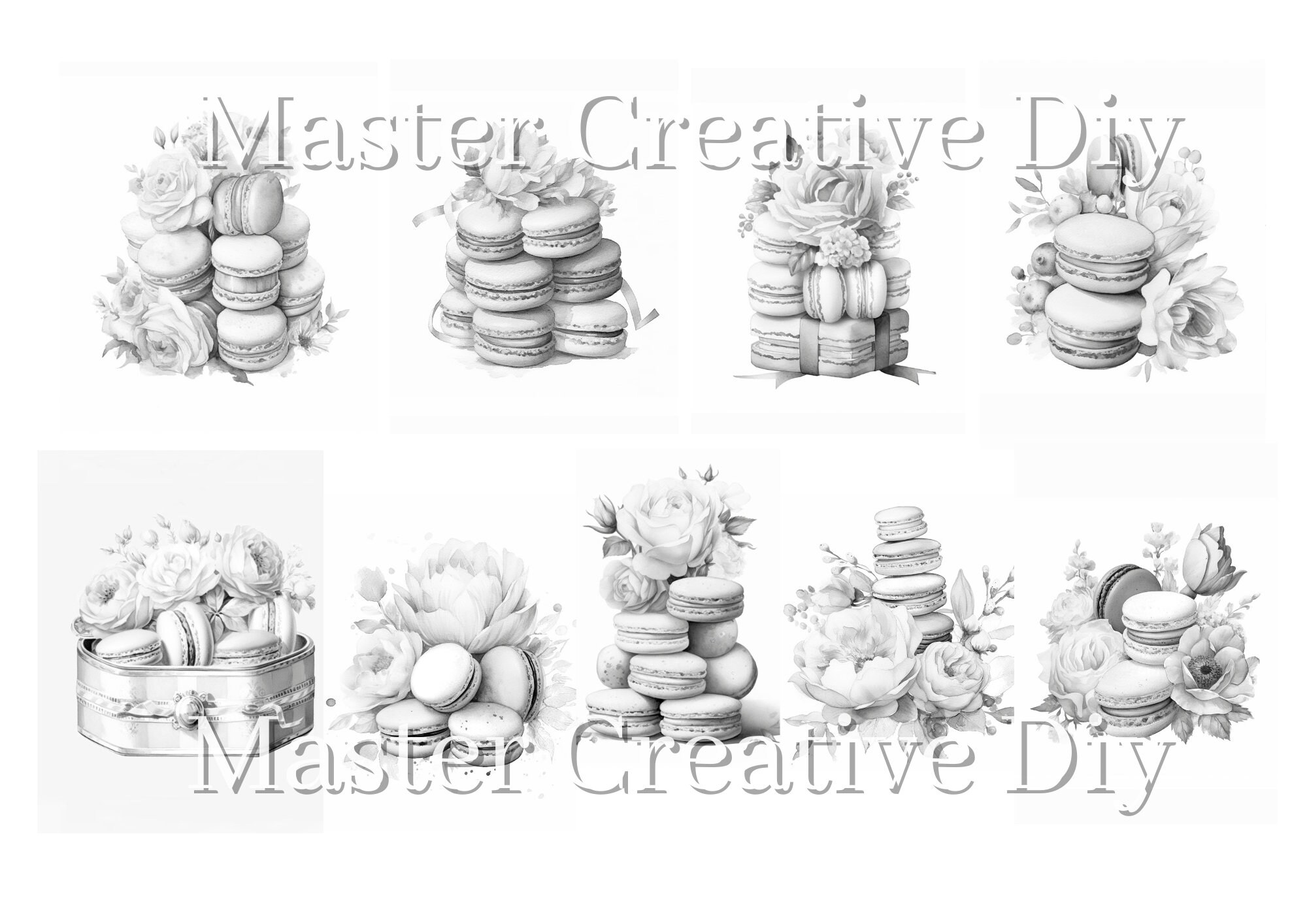 25 Macarons & Flower Coloring Book - Adults Coloring Pages, Instant ...