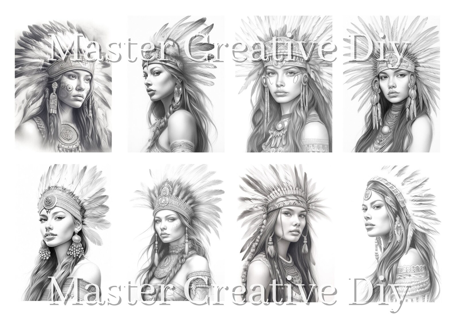 50 Woman Native American Coloring Book - Adults Coloring Pages, Instant ...