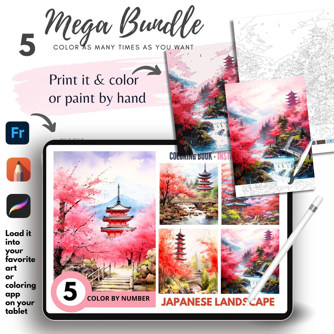 Bundle 5 Japanese Landscape,color by Number for Adult, Paint by Number ...