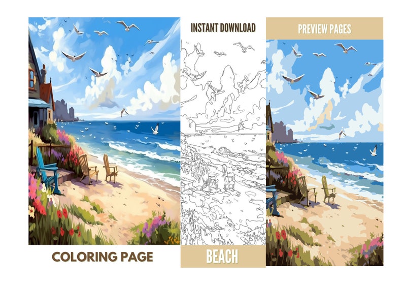 Beach Landscape Coloring Pages for Adults, Grayscale Coloring Book, Coloring Pages Kids,instant ...