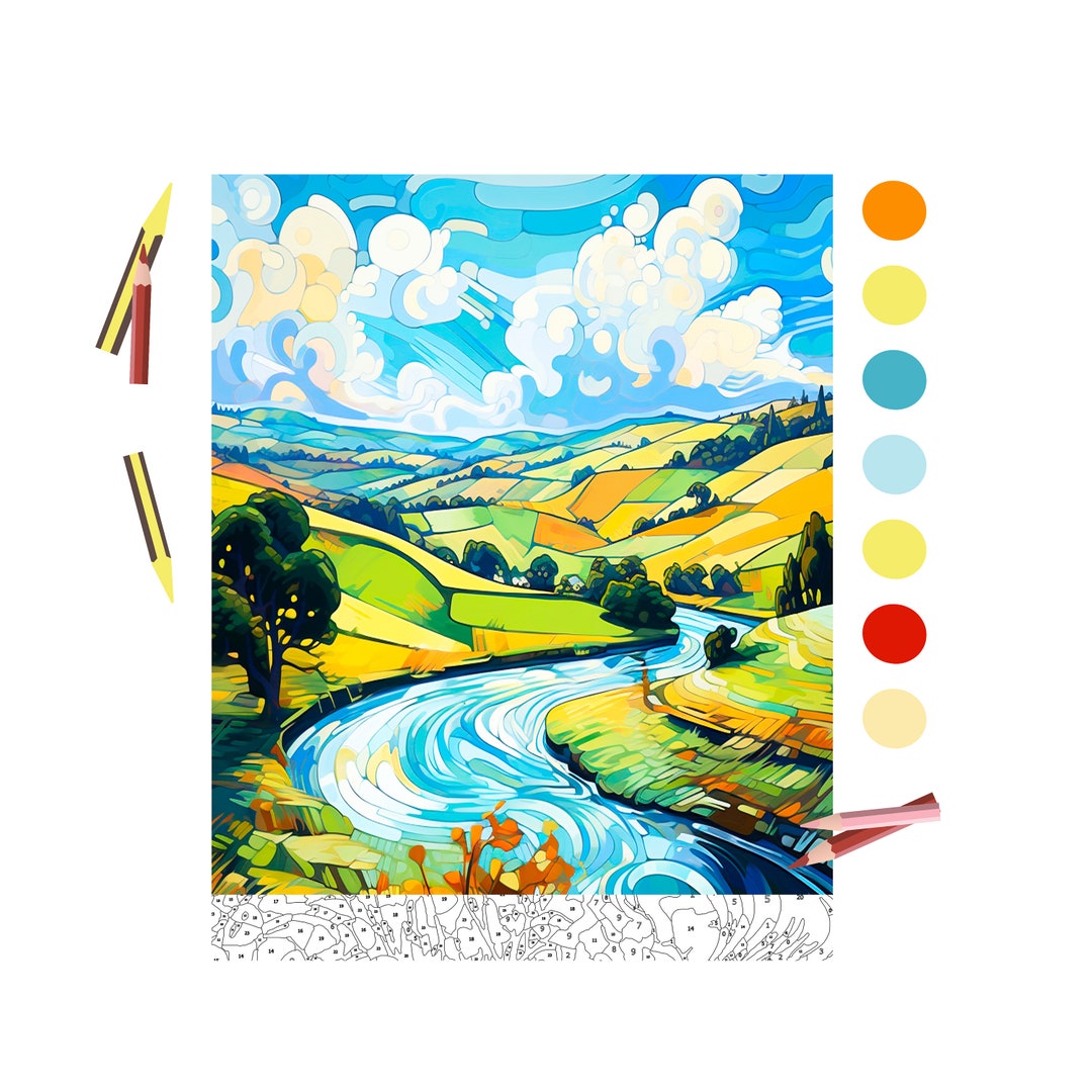 Color by Number for Adult, Paint by Number Printable, Hills Landscape ...
