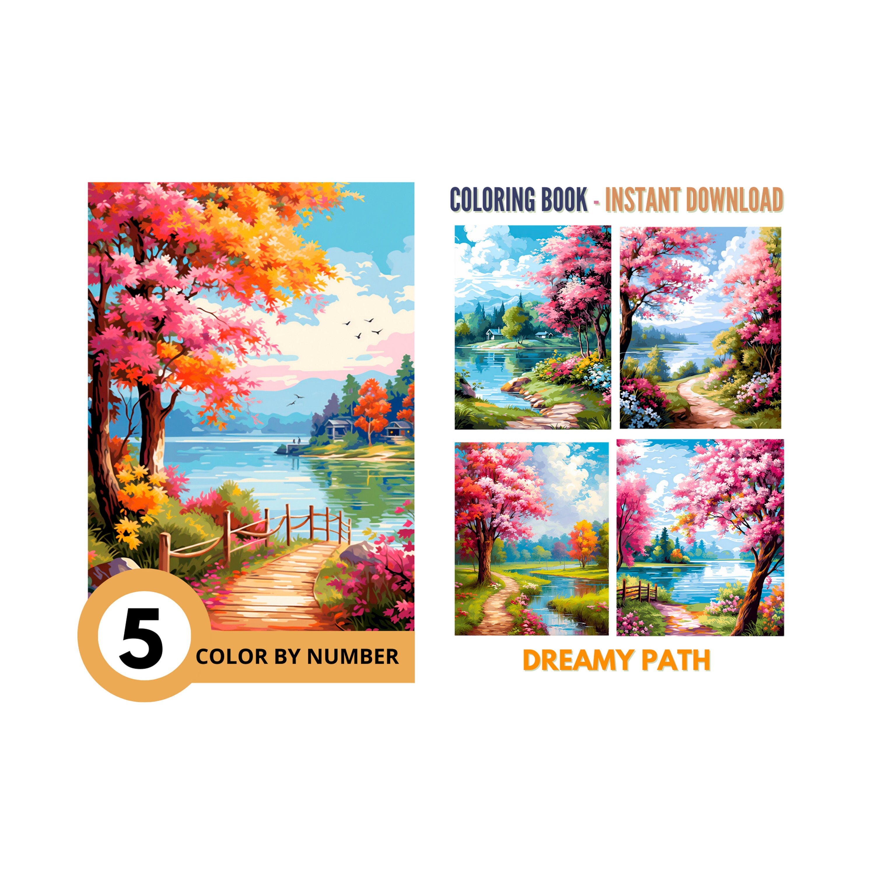 5 Dreamy Path Color by Number for Adult, Paint by Number Printable,coloring Pages,sheets Digital ...