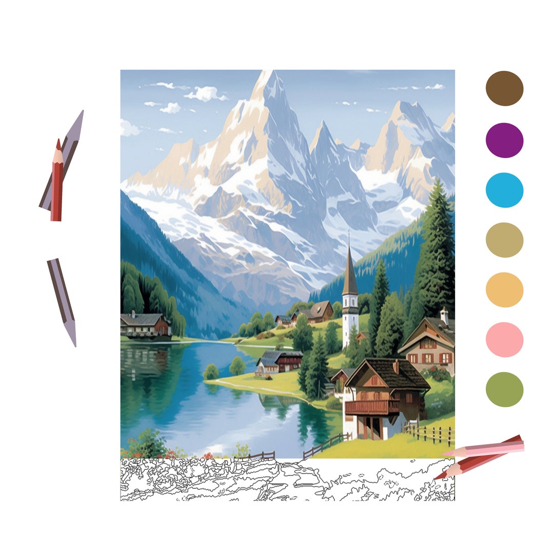 Mountain Landscape Coloring Pages for Adults, Grayscale Coloring Book ...