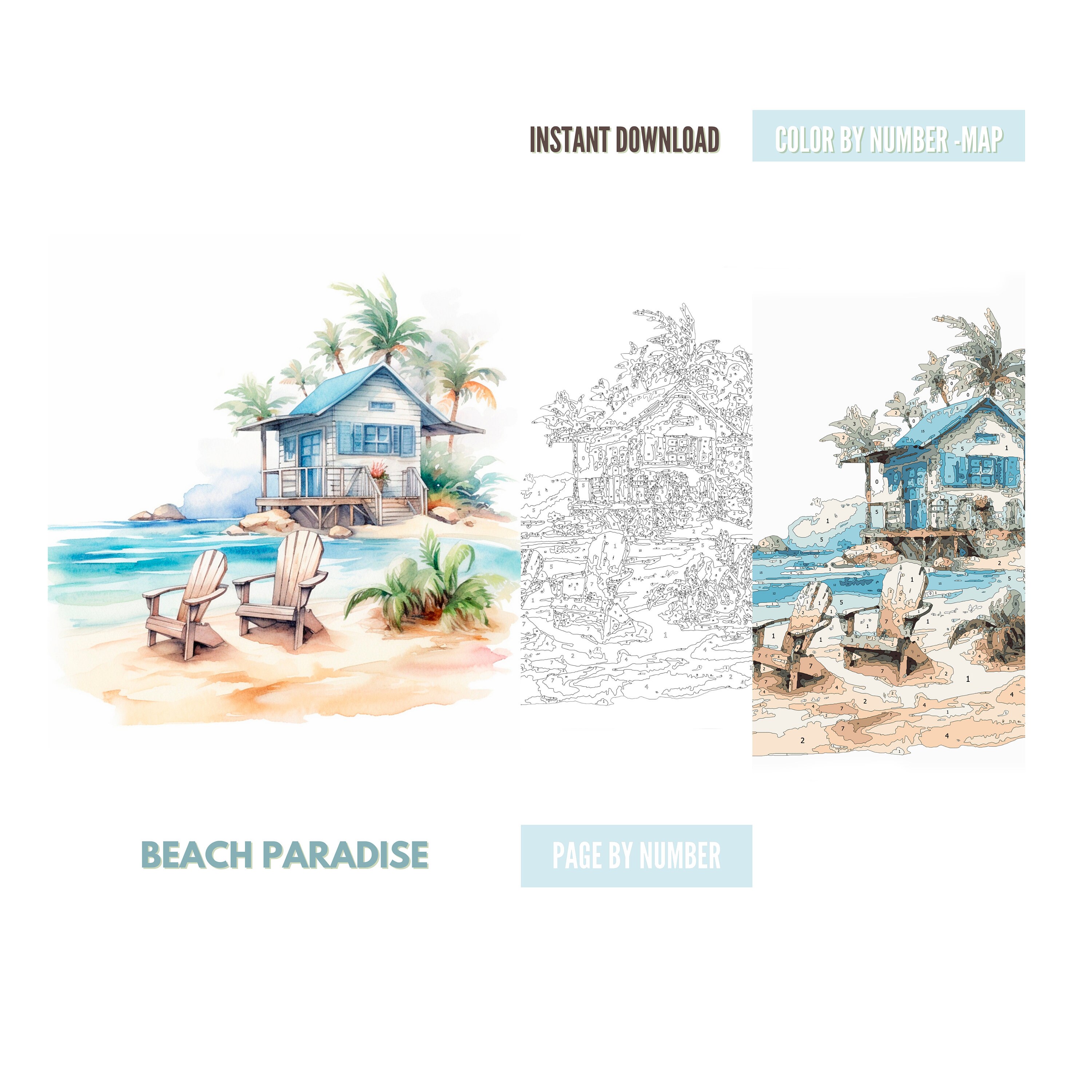 Color by Number for Adult, Paint by Number Printable,5 Paradise Beach 2 ...