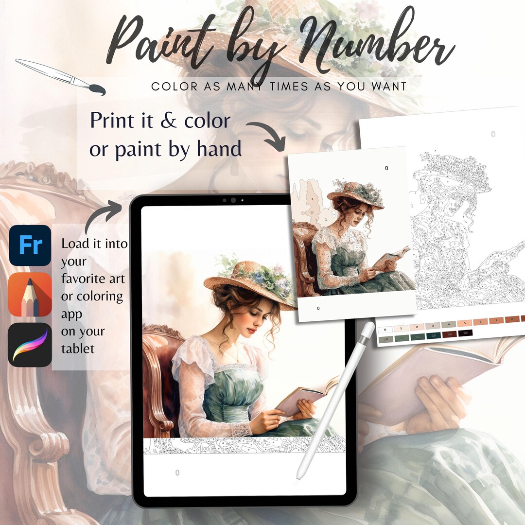 Color by Number for Adult, Victorian Reading Woman, Paint by Number ...