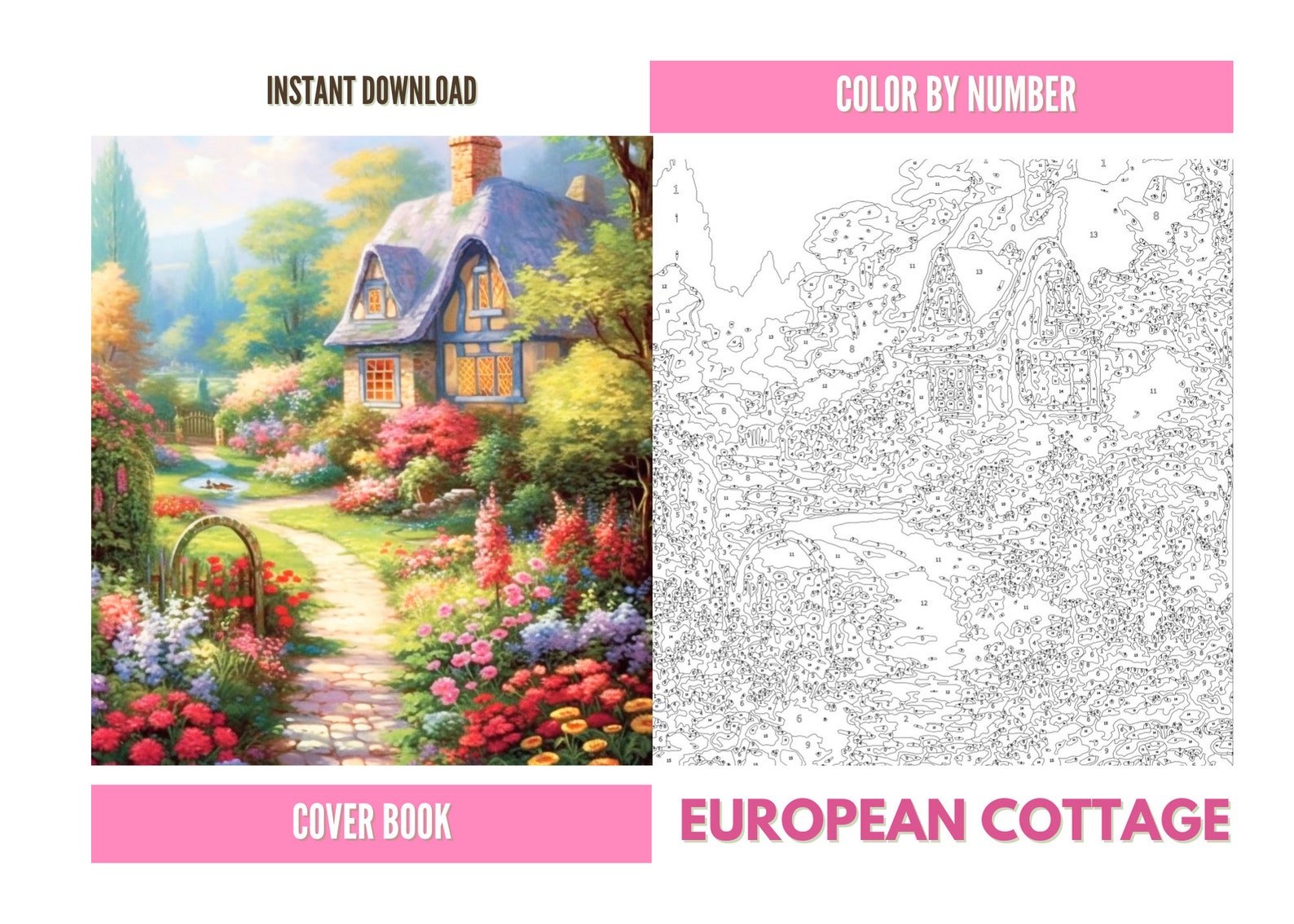 Bundle 10 Beautiful Cottage ,color by Number for Adult, Paint by Number ...