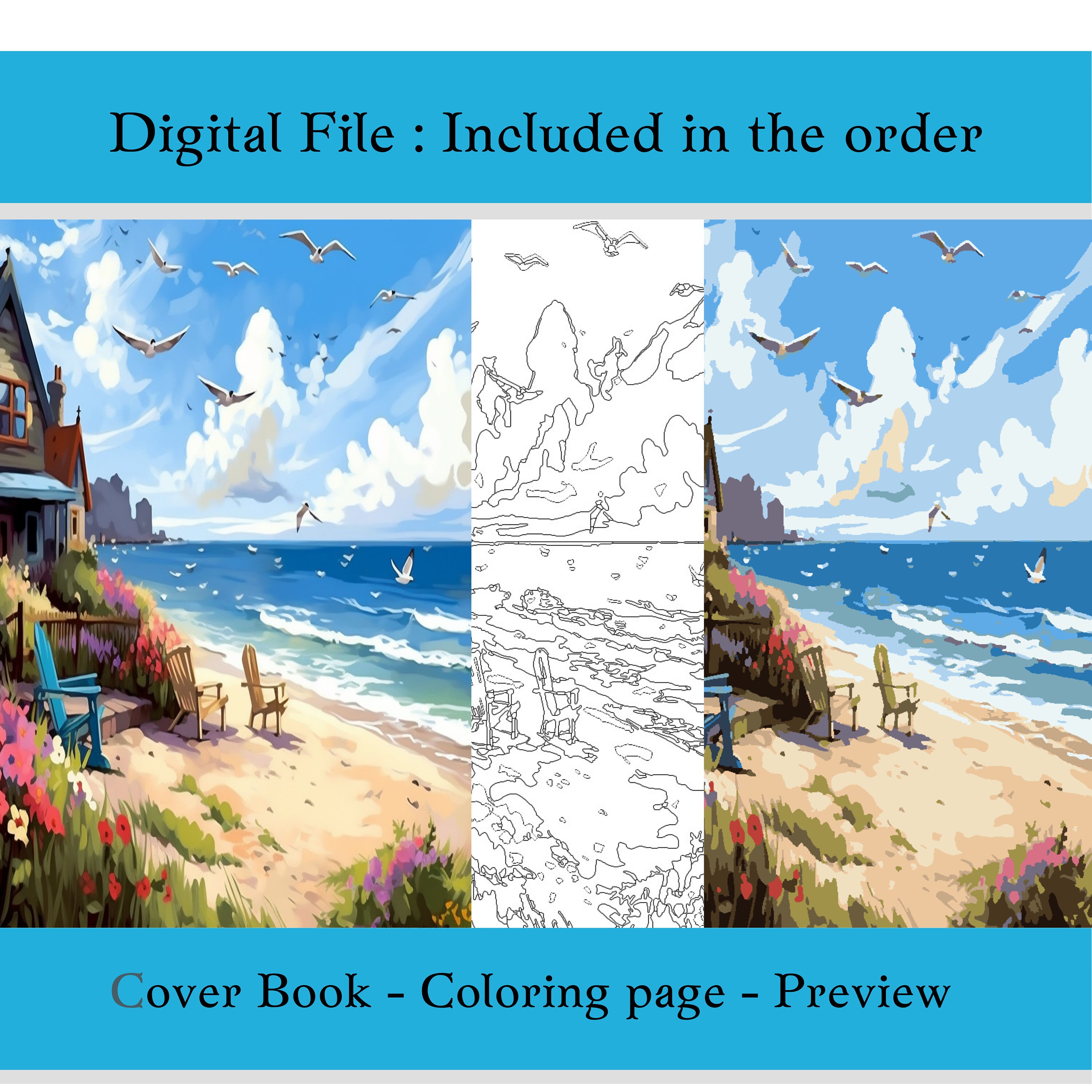 Beach Landscape Coloring Pages for Adults, Grayscale Coloring Book ...