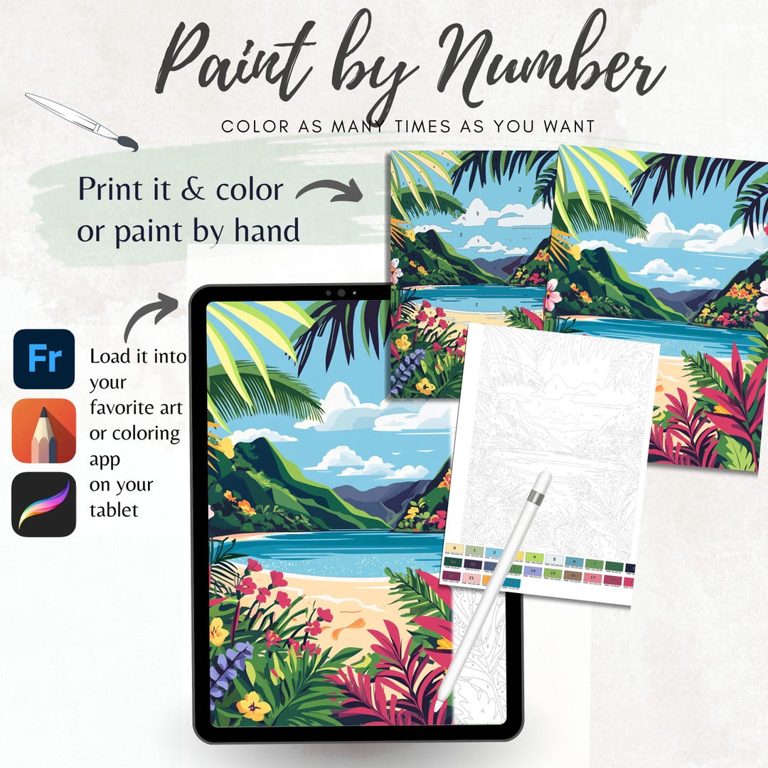 Tropical Landscape Color by Number for Adult, Paint by Number Printable ...
