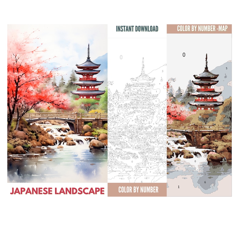 Japanese Landscape Color by Number Bundle, Printable Pages for ...