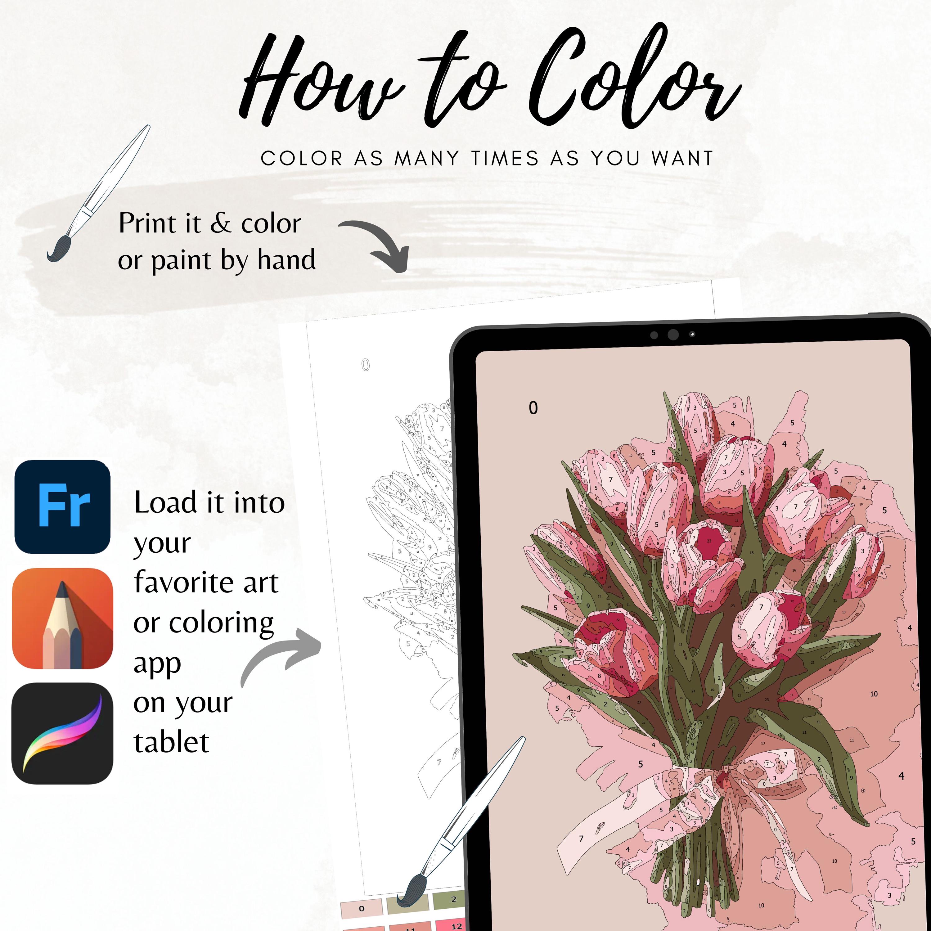 Color by Number Printable,paint by Number for Adult,pink Tulips Flower ...