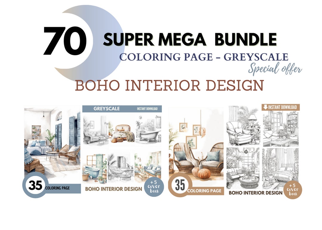 70 Bundle Boho Interior Design,coloring Pages for Adults,grayscale ...