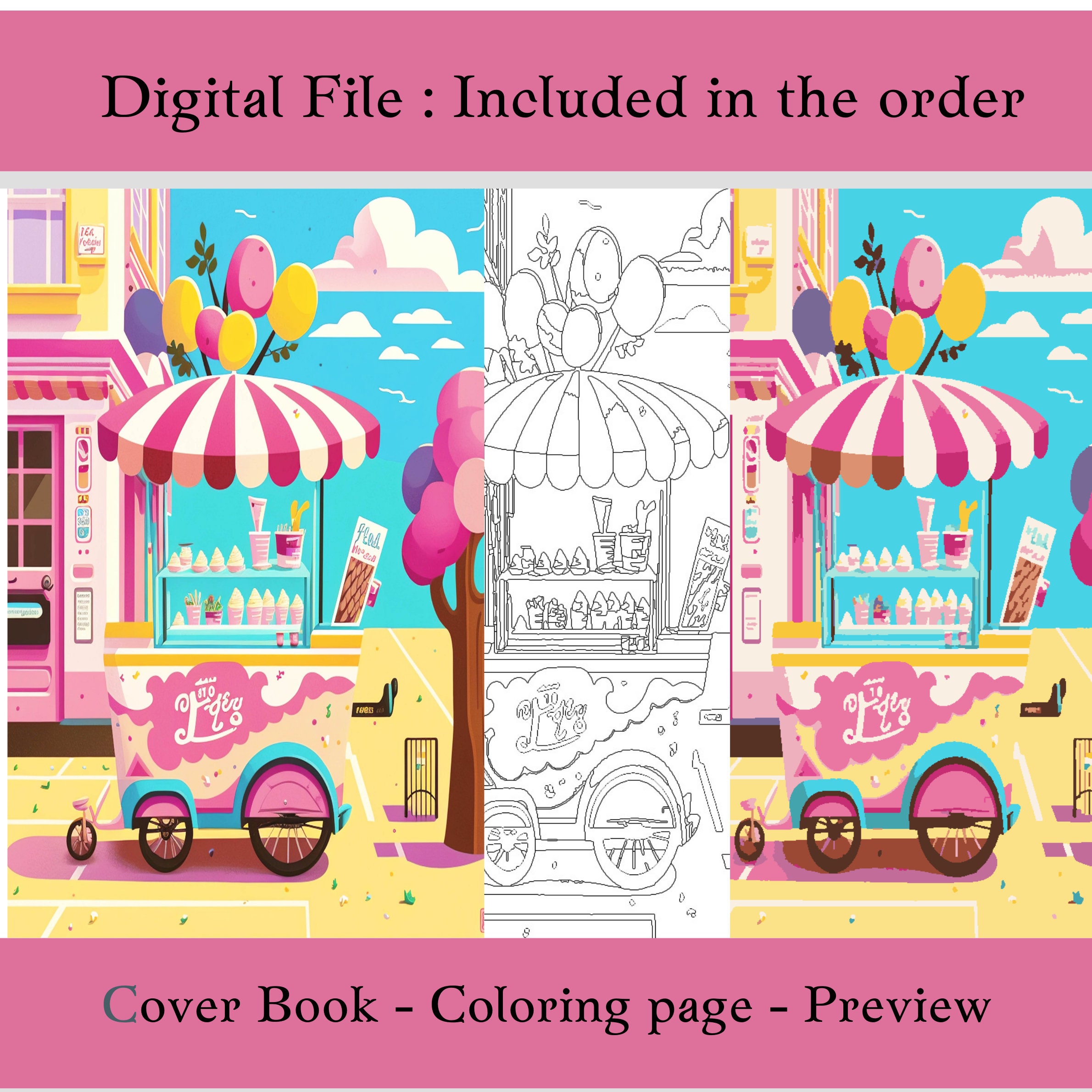 Beautiful Ice Cream Cart Coloring Pages for Adults Grayscale - Etsy