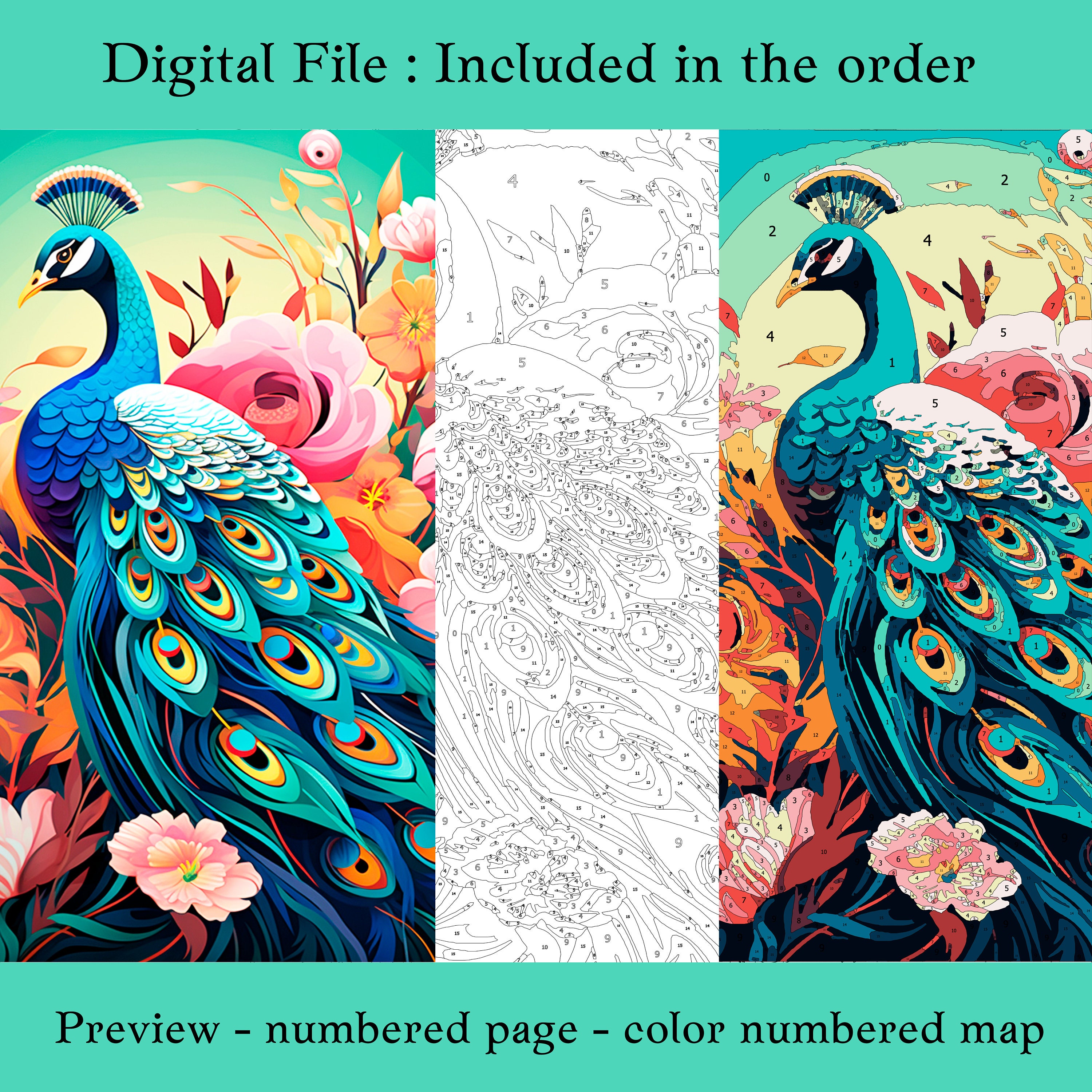 5 Beautiful Peacock Color by Number for Adult,paint by Number Printable ...