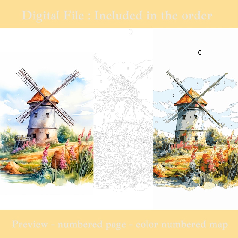 Provence Windmills Color by Number for Adult for Procreate , Paint by ...