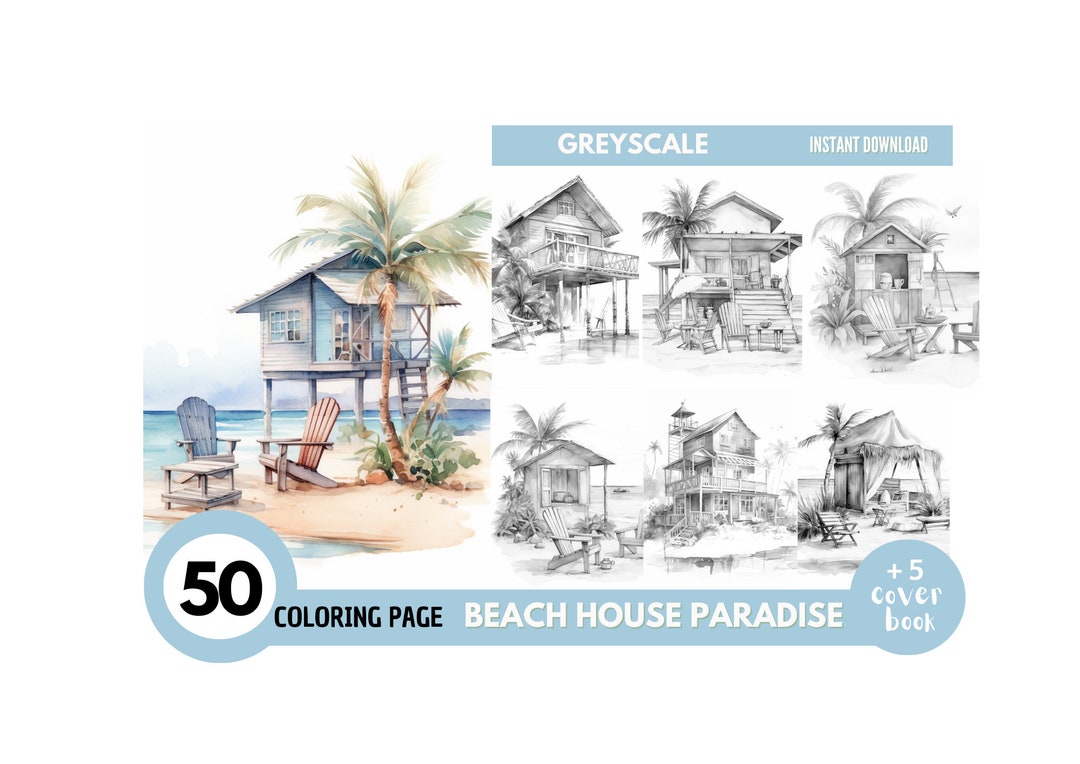 50 Beach House Paradise Coloring Book - Adults Coloring Pages, Instant ...