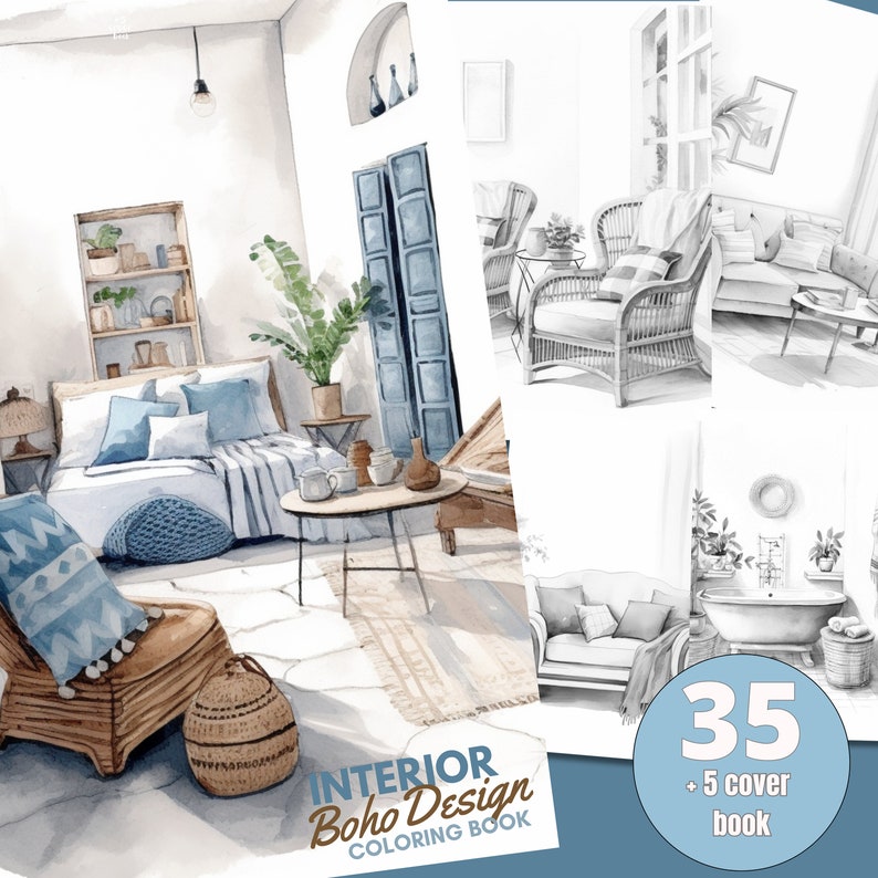 35 Boho Interior Design Coloring Pages for Adults, Grayscale Coloring ...