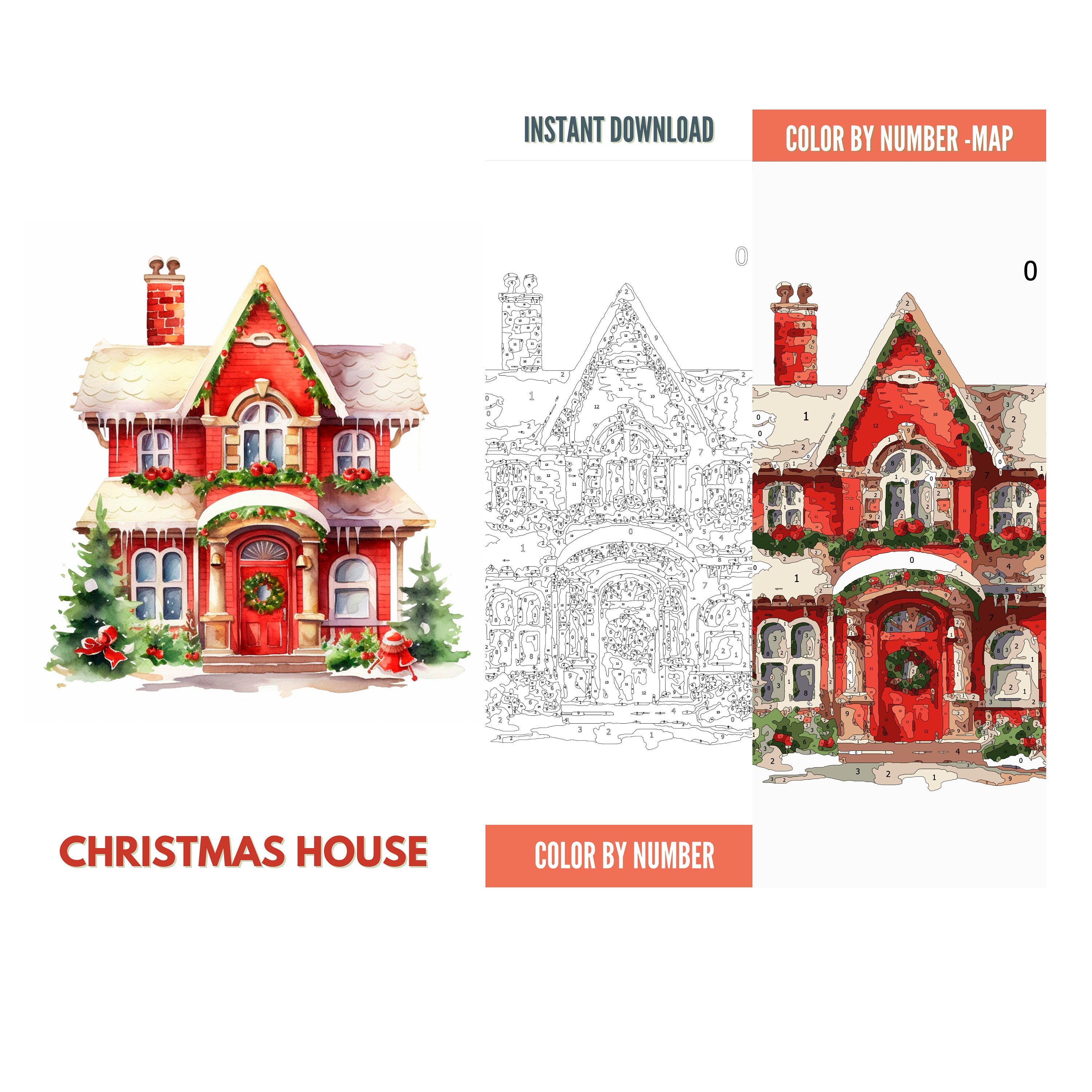 5 Christmas House, Color by Number for Adult, Paint by Number Printable ...