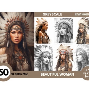 50 Woman Native American Coloring Book - Adults Coloring Pages, Instant ...