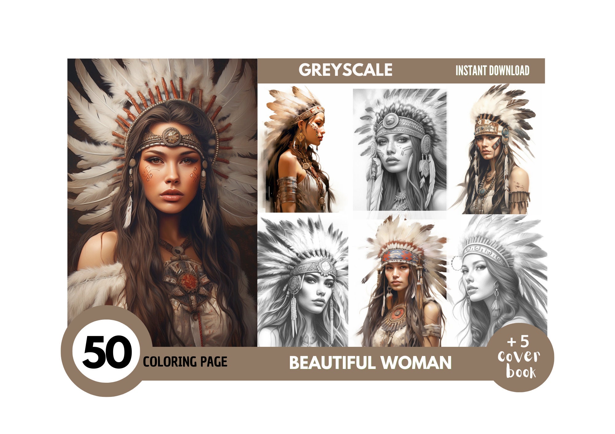 50 Woman Native American Coloring Book Adults Coloring Pages, Instant ...