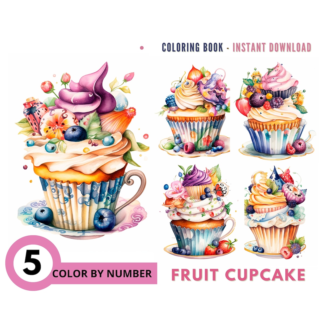 Color by Number for Adult,paint by Number Printable,5 Fruit Cupcake ...