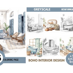 70 Bundle Boho Interior Design,coloring Pages for Adults,grayscale ...